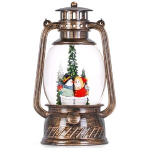 christmas snow globes with two cute snowman, kikth snowglobes christmas lantern glitter lighted for christmas decorations and gift, bronze