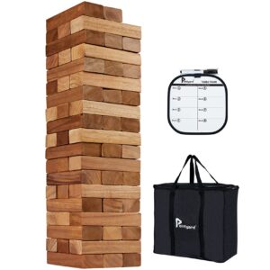 pointyard 56pcs giant tumble tower [stack to 5ft+], carbonized pine wooden tumble timber game set for teens adults family - classic stacking block party game with 1 dice | scoreboard | carry bag