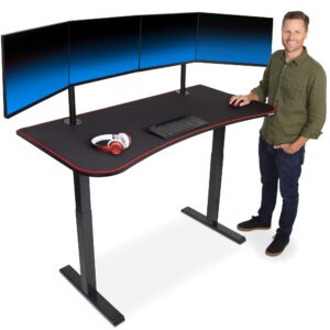 stand steady tranzendesk power | 63in electric gaming desk | extra large height adjustable electric standing desk | ergonomic computer desk with 3 monitor mount grommet holes & full size mouse pad