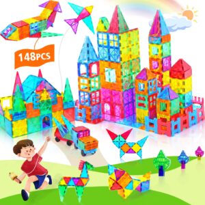 kids magnet toys magnetic tiles, 148pcs 3d magnetic building blocks stem learning toys magnetic toys for 3 4 5 6 7 years old boys girls gifts with 2 cars