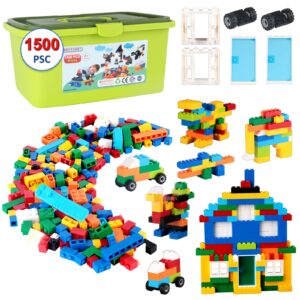 bruvish building bricks 1500 pieces, basic classic building blocks random colors, 8 shapes, 1500pcs bulk building bricks for kids age 6+, with storage box, compatible to all major brands