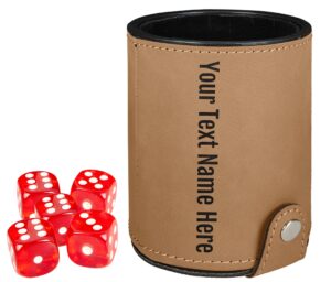 leatherette personalized set of dice cup with storage compartment customized pu leather dice cup with 5 red dice custom gift (light brown)