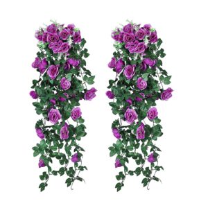 haoyuetch 2pcs artificial rose vine flowers with green leaves,3ft hanging rose ivy plants for home wedding party garden wall decoration (purple)