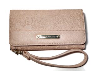 stone mountain paisley embossed snapped front slg wristlet wallet, blush