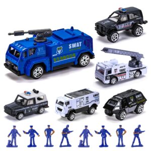 dunriog toys 14 pack die-cast police rescue truck vehicles sets,6 pack mini police vehicles model,8 policemen mini alloy metal pull back car toysboys girls toddlers birthday christmas party favors