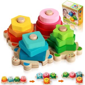 ctshai wooden stacking toys for toddler 1 2 3 year old, educational montessori toys preschool learning shape sorter developmental block puzzle baby sensory toys for girls boys kids multicolored