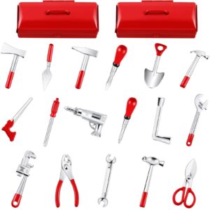 19 pieces 1:12 miniature dollhouse tools metal doll house tool miniature doll repair tool with 2 pieces red tin boxes dollhouse accessories girls pretend play toy for dollhouse decoration diy crafts