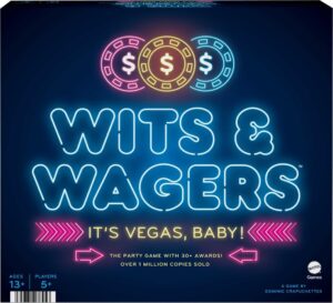 mattel games wits & wagers board game vegas edition, party game with dry erase boards, markers & poker chips for 5+ players