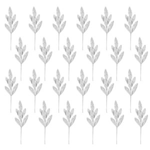 dolicer 24pcs artificial silver glitter leaf fake plants silver leaves christmas glitter leaf spray christmas floral vase arrangement bouquets for christmas tree wedding home garden party gift decor