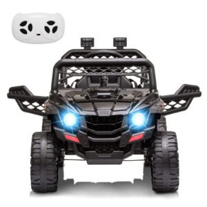 nasitip 12v kids ride on car truck w/parent remote control, spring suspension, led lights, aux port, music (black, no tent)