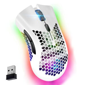 vegcoo wireless gaming mouse, silent click wireless rechargeable mouse with colorful led lights and 3 level dpi 400mah lithium battery for laptop and computer (c23 white)