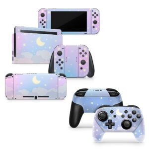 tacky design bundle clouds skin for nintendo switch & clouds skin for pro controller set, pastel starry blue sky vinyl 3m stickers moon full wrap cover