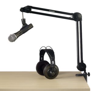 samson podcasting kit with q2u usb/xlr dynamic microphone, sr850 studio headphones and mba28 desktop boom arm stand,grey