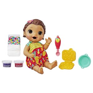 baby alive super snacks snackin’ lily baby: brunette hair baby doll that eats, with reusable doll food, spoon and 3 accessories, perfect doll for 3 year old girls and boys and up