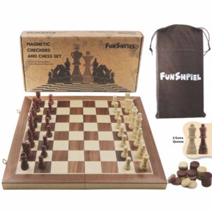 funshpiel magnetic wood checkers and chess set – premium handcrafted chess board set with 2 extra queens, chess and checkers set for kids and adults, compact and foldable design, 15-inch board games