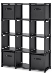 tribesigns 12 cubes storage organizer diy storage shelves stackable open bookshelf with 4 cube storage bins with handle organizer 10.5" x 10.5" for closet rack cabinet bedroom livingroom, black