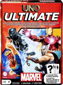 mattel games uno ultimate marvel card game with 4 collectible foil cards, character-themed decks & special rules for ages 7 years & older