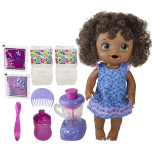 baby alive magical mixer baby doll blueberry blast with blender accessories, drinks, wets, eats, black hair toy for kids ages 3 and up