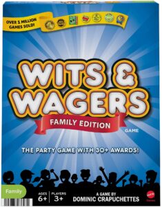 mattel games wits & wagers board game family edition for kids and adults with dry erase boards, markers & question cards