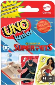 mattel games ​uno junior dc league of superpets card game for kids with simple rules, 3 levels of play & animal matching