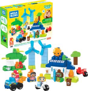 mega bloks fisher-price toddler blocks toy set, green town build ‘n learn eco house with 88 pieces, 4 figures, ages 1+ years