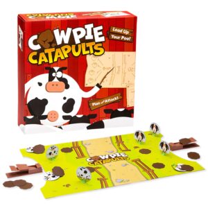 cowpie catapults, launch poo, knock over cows, and be the last moo standing, funny 2 player board game for kids & family, ages 6+