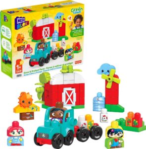 mega bloks fisher-price toddler building blocks toy set, green town grow & protect farm with 51 pieces, 3 figures, ages 1+ years