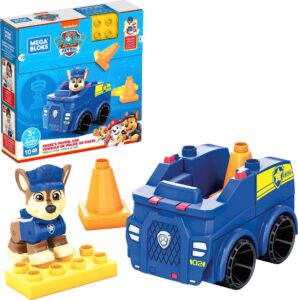 mega bloks paw patrol chase's patrol car building set with 1 chase figure, 10 blocks and special pieces, toy gift set for ages 3 and up