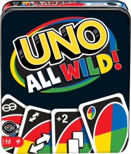 mattel games uno all wild card game for family night, travel game in collectible tin where all cards are wild, 2-10 players (amazon exclusive)