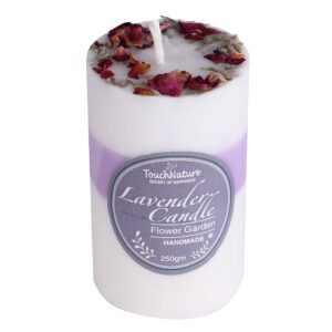 touch nature flower garden scented aromatherapy fragrant handmade pillar candle. hand poured rustic home décor pillars. decorated with dried flower petals. (6cm dia x 10cm) (lavender)