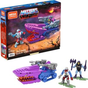 mega construx masters of the universe building toys set, land shark attach vehicle with 179 pieces, 2 poseable micro action figures, for kids