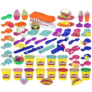 play-doh kitchen creations fun factory playset, arts and crafts toy for kids 3 years and up with 12 cans and 42 tools (amazon exclusive)