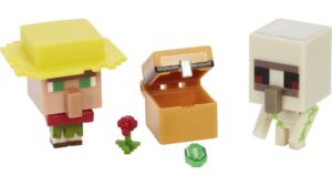 minecraft mob head minis villager guarding iron golem pack with 2 action figures & accessories, incudes authentic pixelated video-game characters steve & spider, age 6 years & older