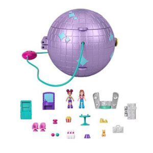 polly pocket dolls & accessories, compact playset with 2 micro dolls, 15 toy pieces & 1 fashion piece, double play skating