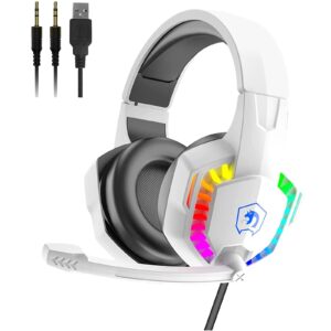 wired gaming headset with rainbow rgb backlight retractable noise isolating microphone stereo sound deep bass memory foam earmuff over ear headphone for ps4 xbox one switch pc mac gamer music (white)