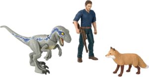 mattel jurassic world dominion human & dino action figure pack, owen & velociraptor beta figures & accessories, collectible toy dinosaur set