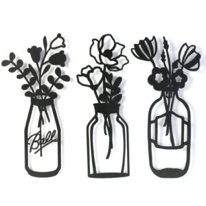 set of 3 metal vase flowers wall art metal flower minimalism metal flower wall art decor hanging for home bedroom bathroom kitchen garden outdoor and indoor housewarming gift(black)