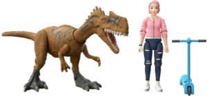 mattel jurassic world toys camp cretaceous brooklynn & monolophosaurus human & dino pack with 2 action figures & scooter, toy gift and collectible