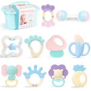 doubfivsy baby rattle teething toys for babies 0-6-12 months, 10pcs grab spin rattle shaker early educational toys with storage box, soothing teether, baby toys 6 to 12 months infant newborn baby gift