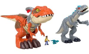 fisher-price imaginext jurassic world camp cretaceous indominus rex and t. rex, dinosaur toy set for preschool kids ages 3-8 years