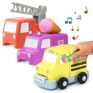 wow! pods cocomelon toys build & reveal musical vehicles | school bus fire engine and ice cream van | sounds and songs with mystery surprise reveal | for toddlers, girls and boys | ages 2 +