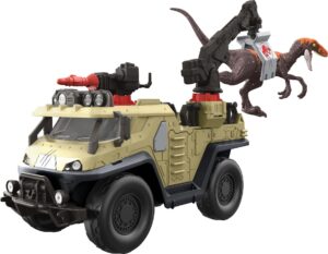 mattel jurassic world dominion capture & crush truck & dino playset with velociraptor action figure, vehicle features tranq shooter, crane & 2 breakaways