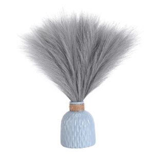 faux pampas grass 6 stems small artificial pampas grass 18'' no-shedding short fake pampas grass pompass fluffy plants boho decor for centrepiece living room home office wedding, no vase (grey)