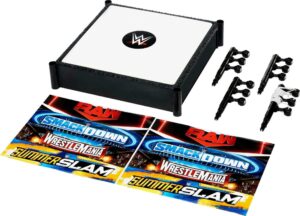 mattel wwe superstar ring, 14 inches with spring-loaded mat, 4 event apron stickers & pro-tension ropes for wwe 6-inch action figures