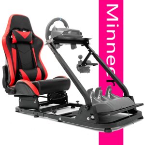 minneer racing steering simulator cockpit red with tv bracket mounting holes racing wheel stand/fits logitech g25, g27, g29/ compatible with playstation, pc platforms with capacity 220lbs