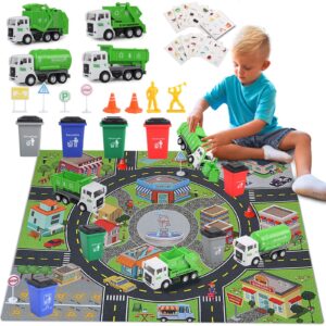 y.l. doymx toy garbage truck - trash truck toys w/play mat, 4 pcs 6 inch friction powered small garbage truck toy, 8 signposts, 4 trash bins with 108 pcs trash cards for boys age 3+ toddlers kids gift