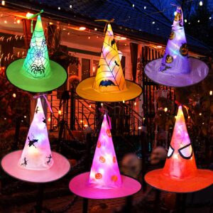 party hats lights witch hats decorations, 6pcs hanging or wearing hat lights waterproof witch hats decor for halloween party home garden yard decoration