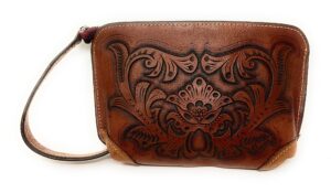 premium geniune leather tooled women's portable wrist bag in coffee and brown (coffee)