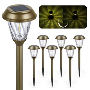 xmcosy+ solar lights outdoor waterproof, 6 pack solar pathway lights 10-25 lm dimmable auto on/off garden lights solar powered ip65 waterproof, stainless steel glass led landscape lighting for yard