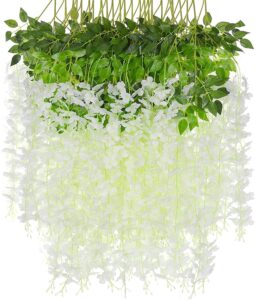 beautymee artificial wisteria garland 12pack 3.6 feet artificial flowers fake wisteria vine silk flower for wedding decorations home garden party decor (white, 12)